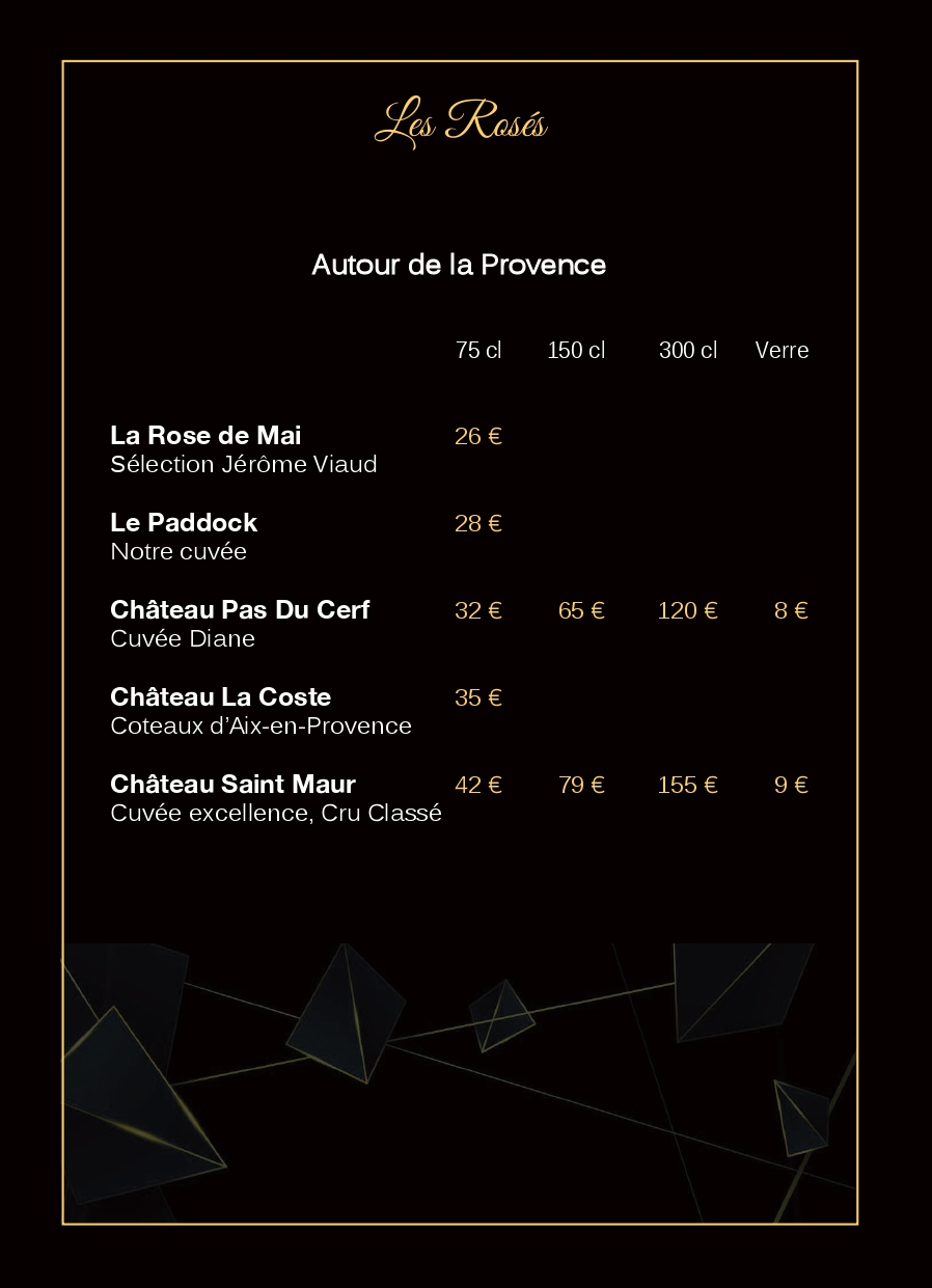 Le menu du Paddock à Grasse