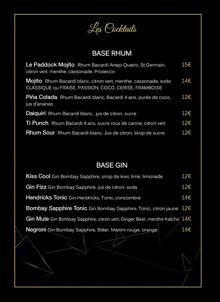 Le menu du Paddock à Grasse