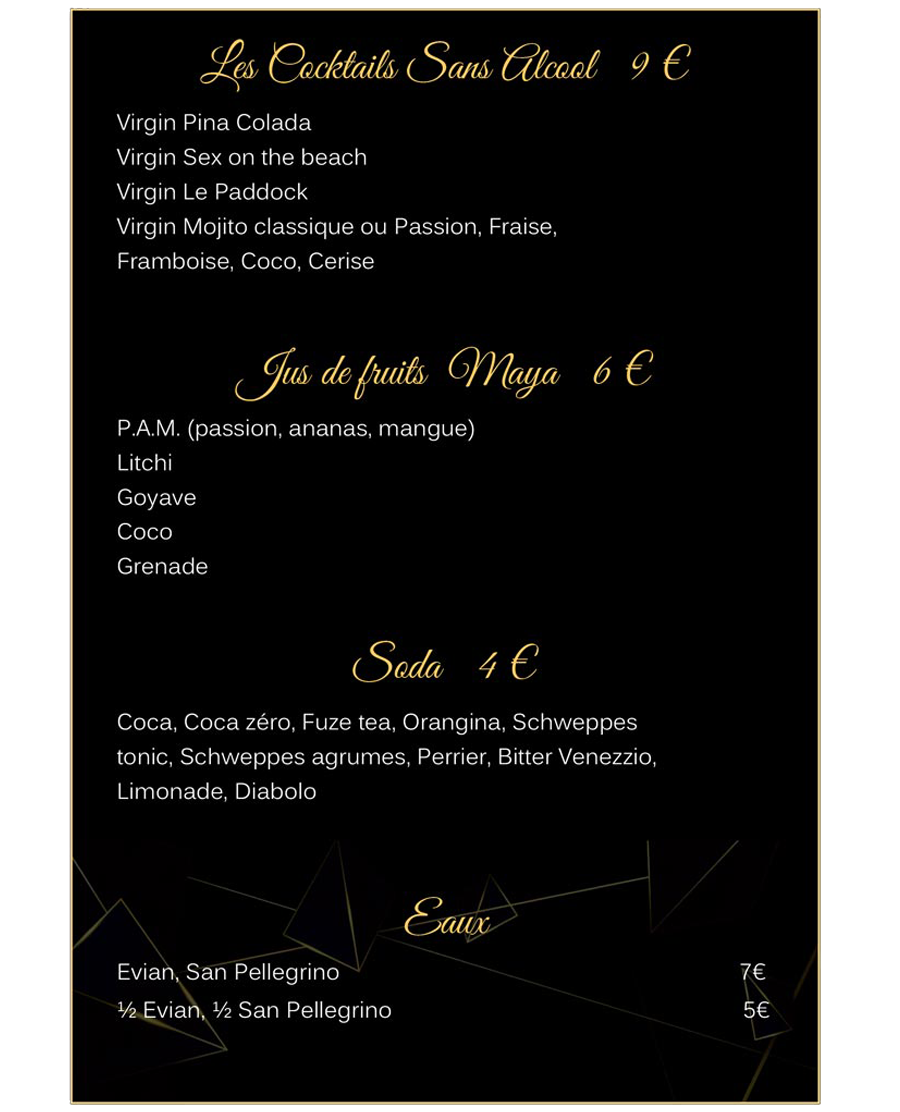 Le menu du Paddock à Grasse