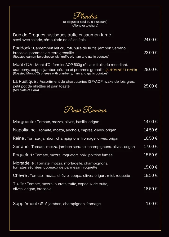 Le menu du Paddock à Grasse