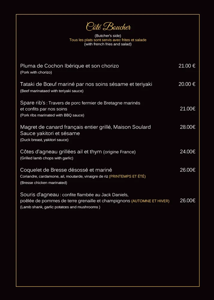 Le menu du Paddock à Grasse