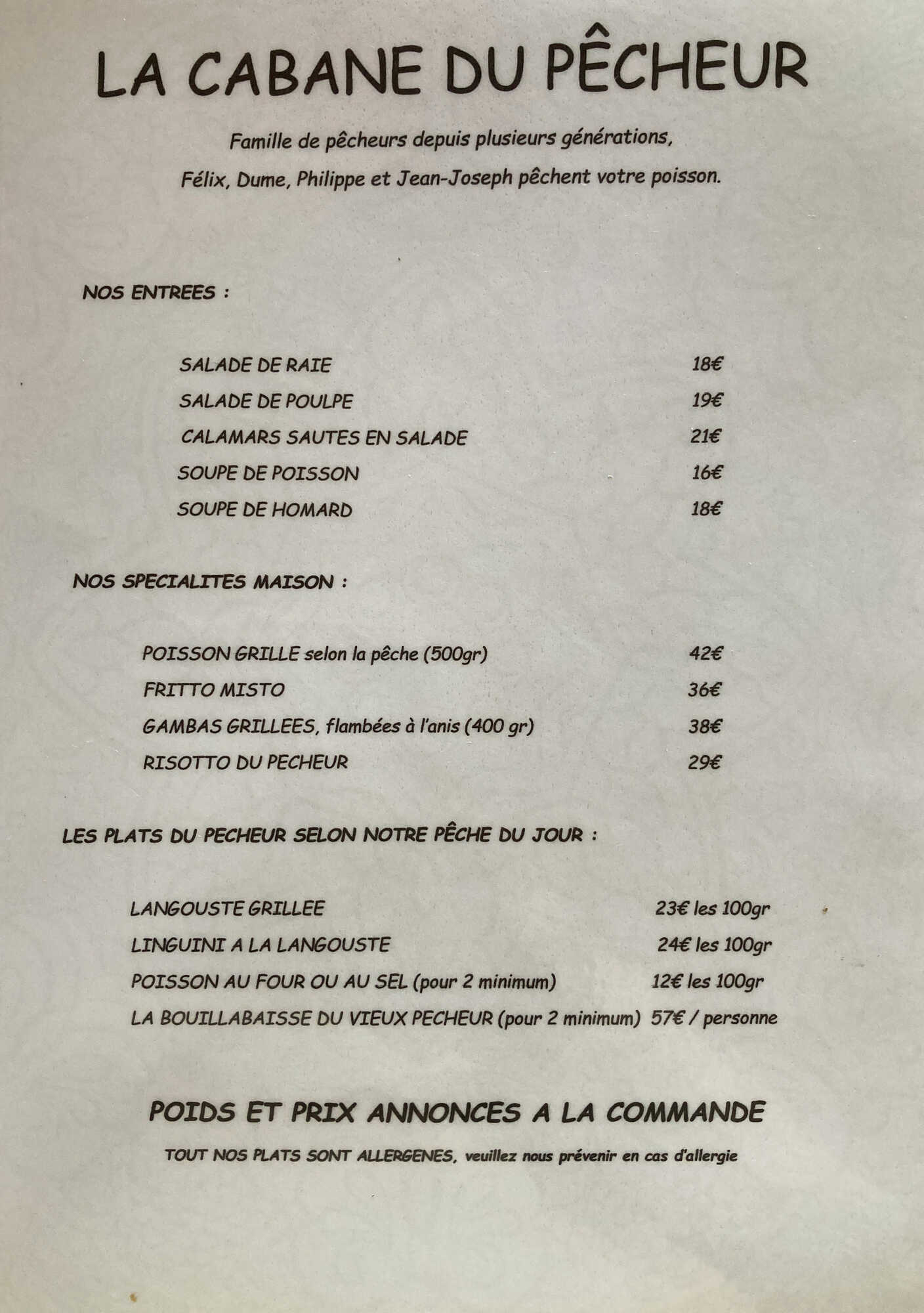 La carte de notre restaurant de poissons à Bonifacio