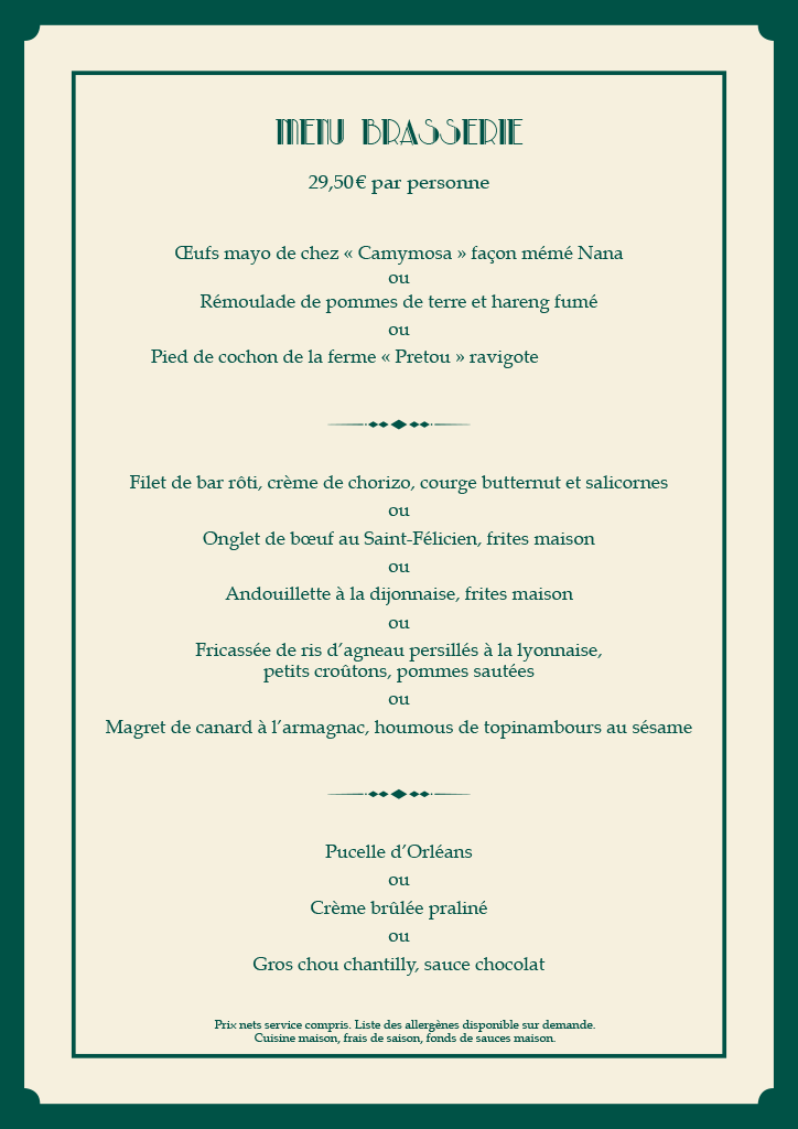 Menu brasserie