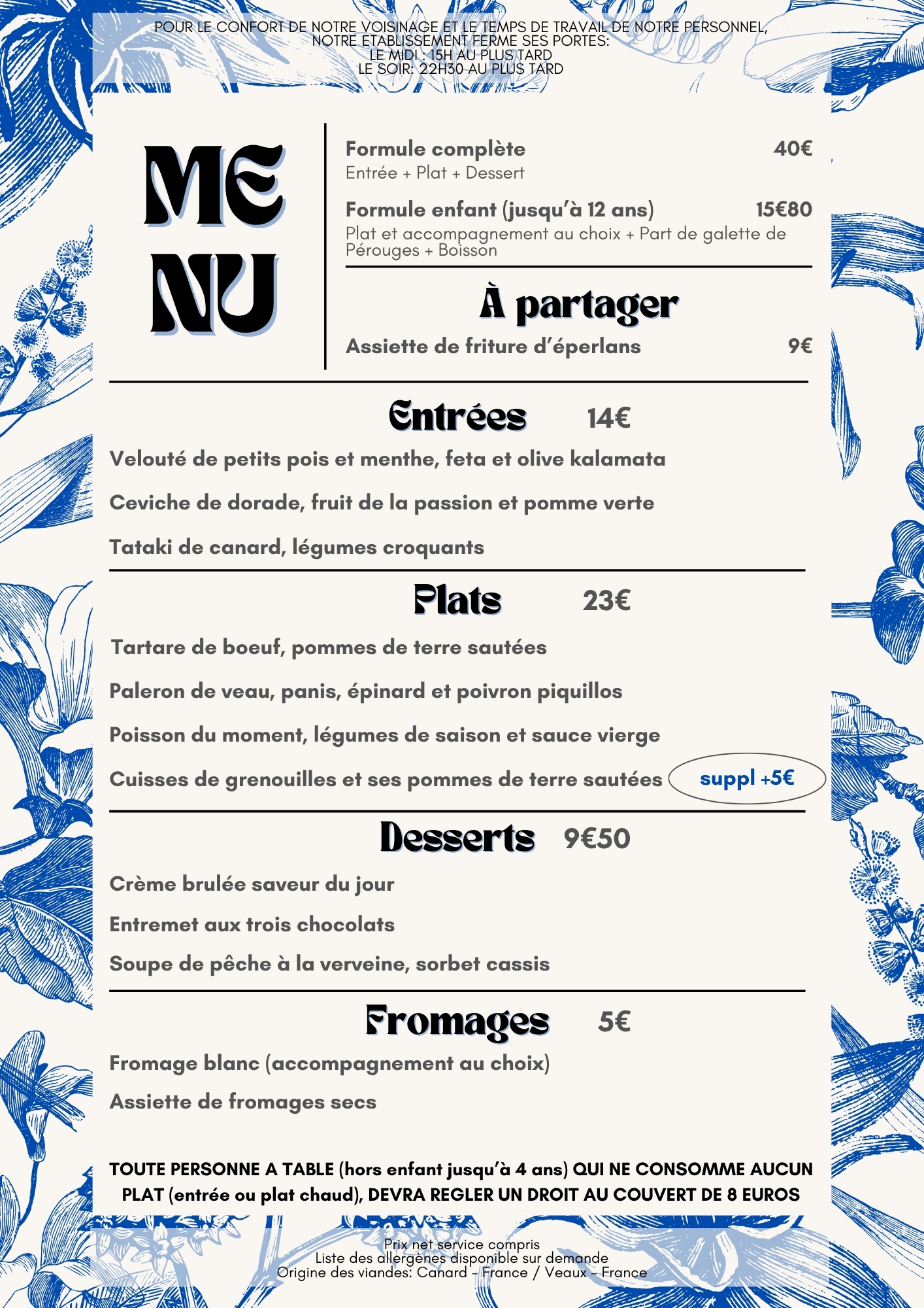 La carte de notre restaurant médiéval à Pérouges
