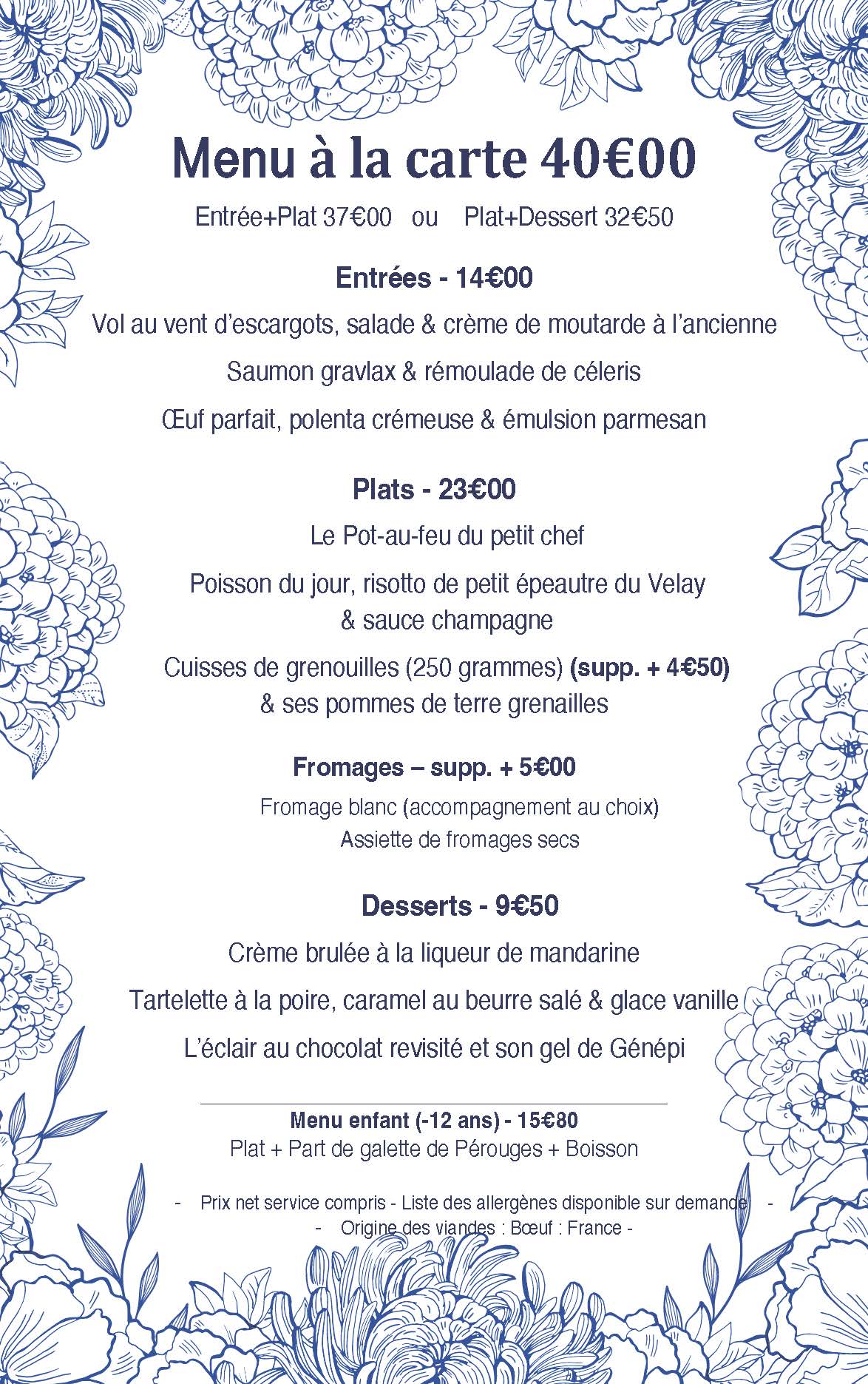 La carte de notre restaurant médiéval à Pérouges